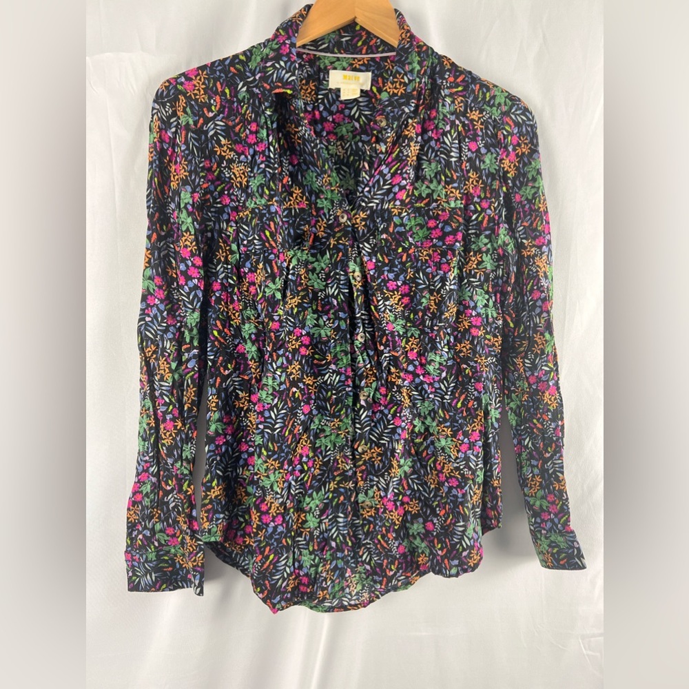 Anthropologie Maeve Black Floral Button Down Blouse - Gem